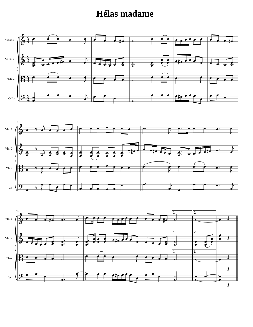 Hélas madame.Versión 1 Sheet music for Violin, Viola, Cello (String ...