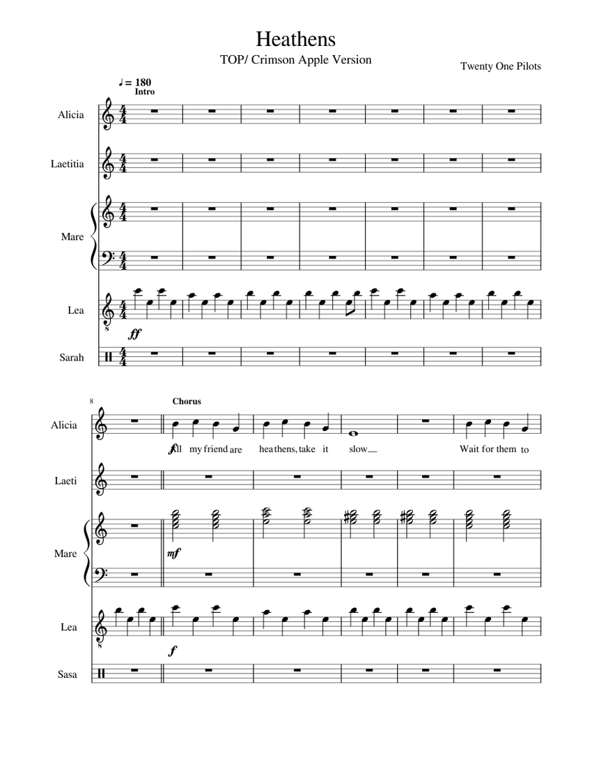 Heathens Sheet music for Piano, Vocals, Guitar, Drum group (Rock band ...