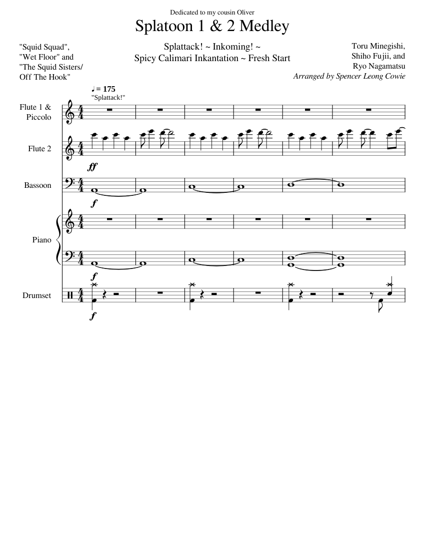 Splatoon Medley Sheet Music for Piano, Flute, Bassoon, Drum group ...