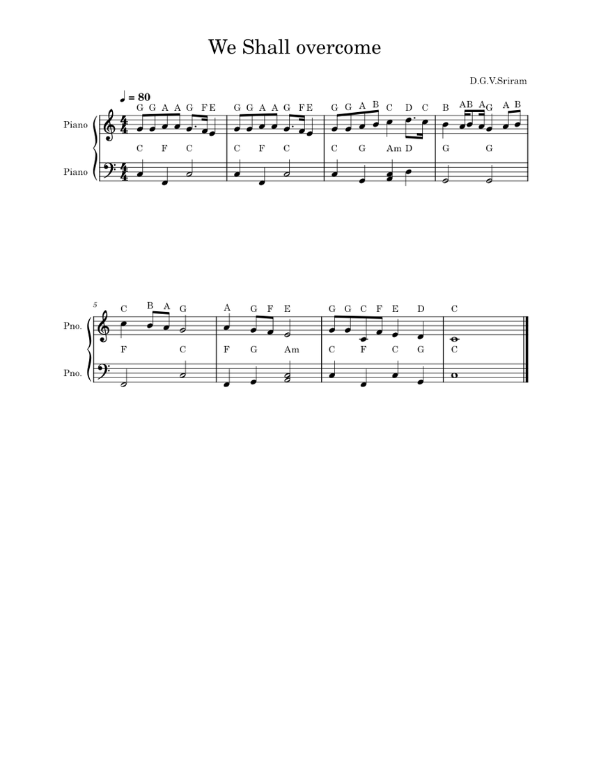 We Shall overcome – sriram Sheet Music with Chords for Piano (Piano Duo ...