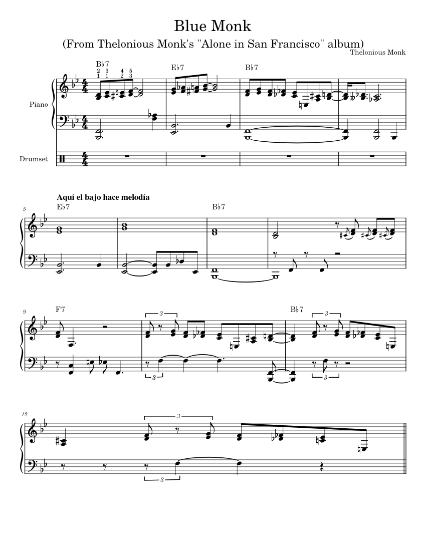Blue Monk - Ensamble Utopía – 2 compases intro Sheet music for Piano, Drum group (Mixed Duet ...