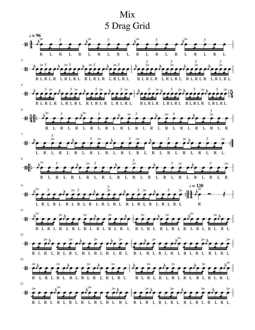 Mix 5 drag grid Sheet music for Snare drum (Solo) | Musescore.com