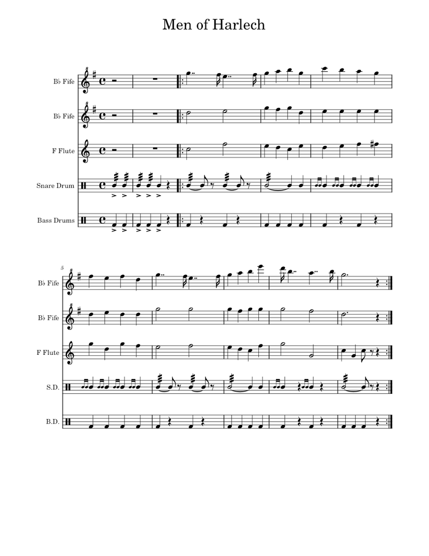 Men of Harlech - Turpin Sheet music for Flute, Snare drum, Bass drum ...