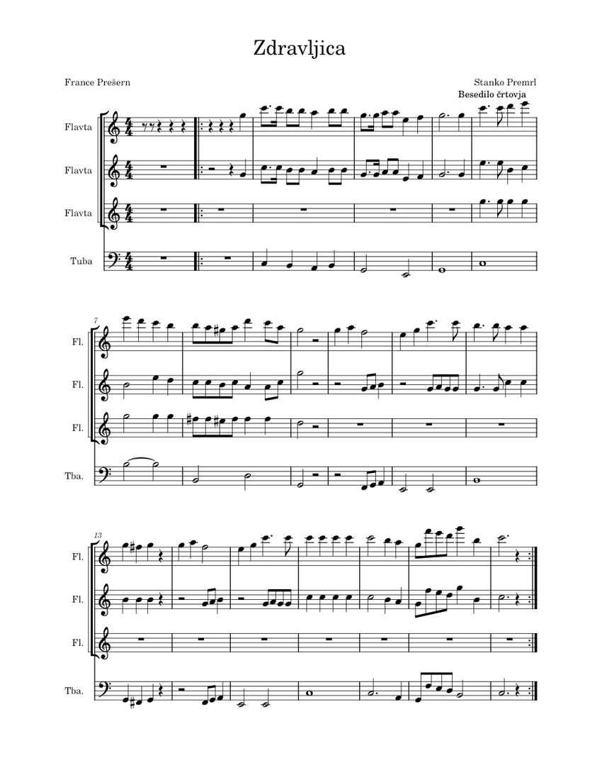 Zdravljica Sheet music for Tuba, Flute (Mixed Quartet) | Musescore.com