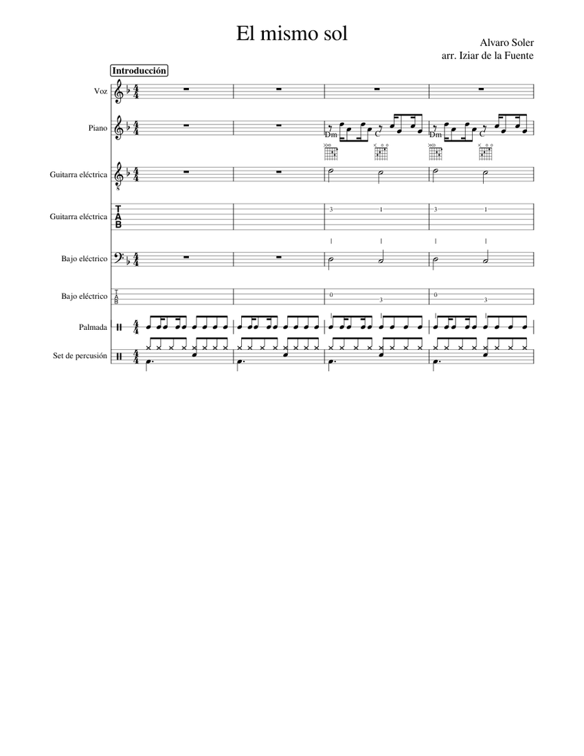 El Mismo Sol – Alvaro Soler Sheet Music for Piano, Guitar, Bass guitar ...