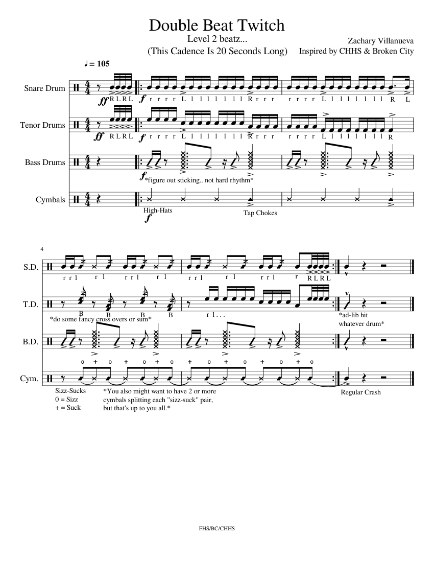 Double Beat Twitch - FHS Pep Band Drumline Cadence Sheet music for ...