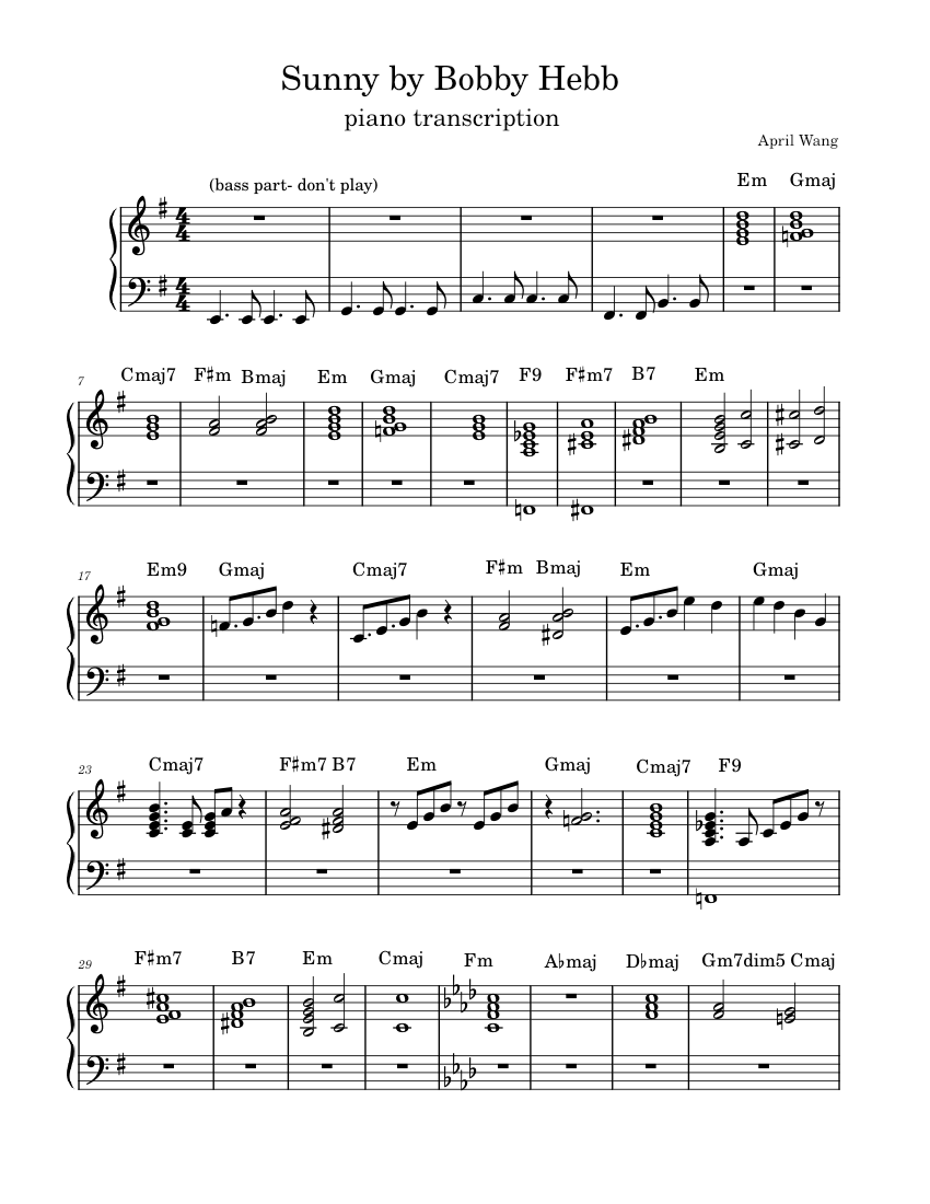 Sunny – Bobby Hebb chord progression and piano lead Sheet music for ...