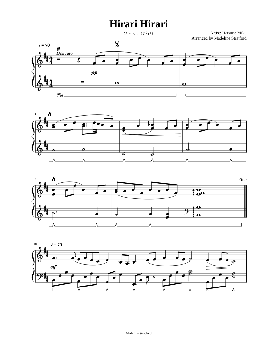 Hirari Hirari Hatsune Miku Piano Solo ひらり、ひらり Sheet Music for Piano (Solo) Easy | MuseScore.com