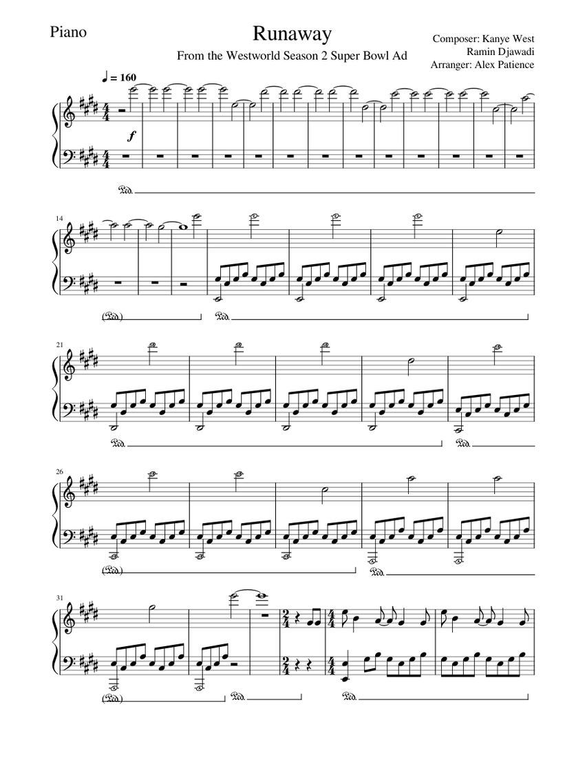 Runaway - Kanye West (Ramin Djawadi) Arr. by Alex Patience Sheet Music ...