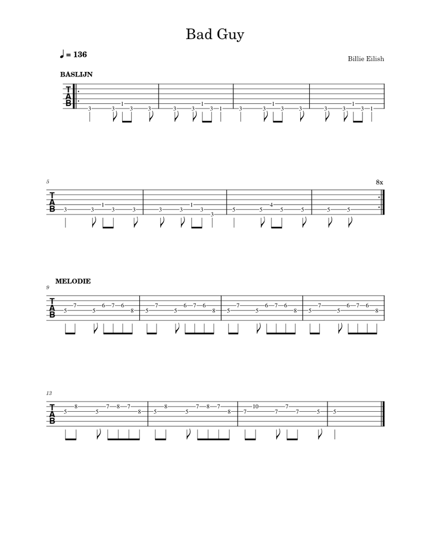 Bad Guy – Billie Eilish Sheet Music and Tab for Guitar (Solo ...