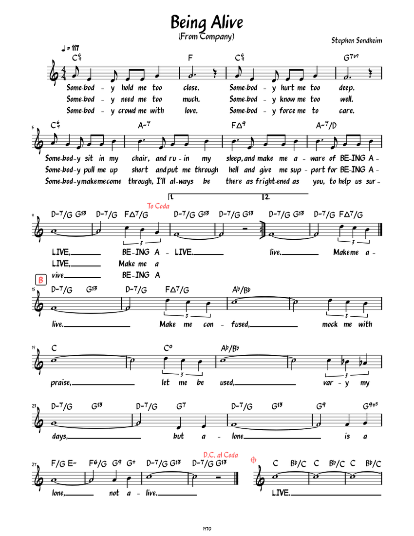 Being Alive (Lead sheet with lyrics ) Sheet Music with Chords for Piano ...
