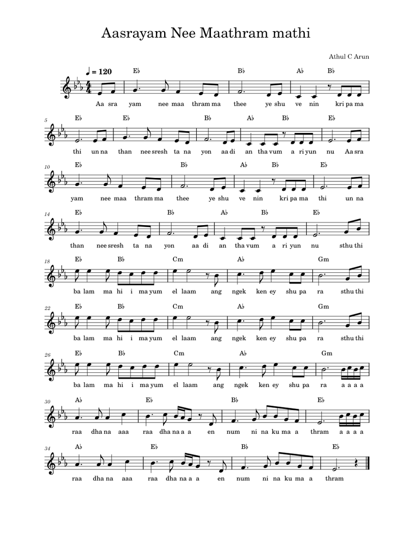 Aasrayam Nee Maathram mathi Sheet music for Piano (Solo) Easy ...
