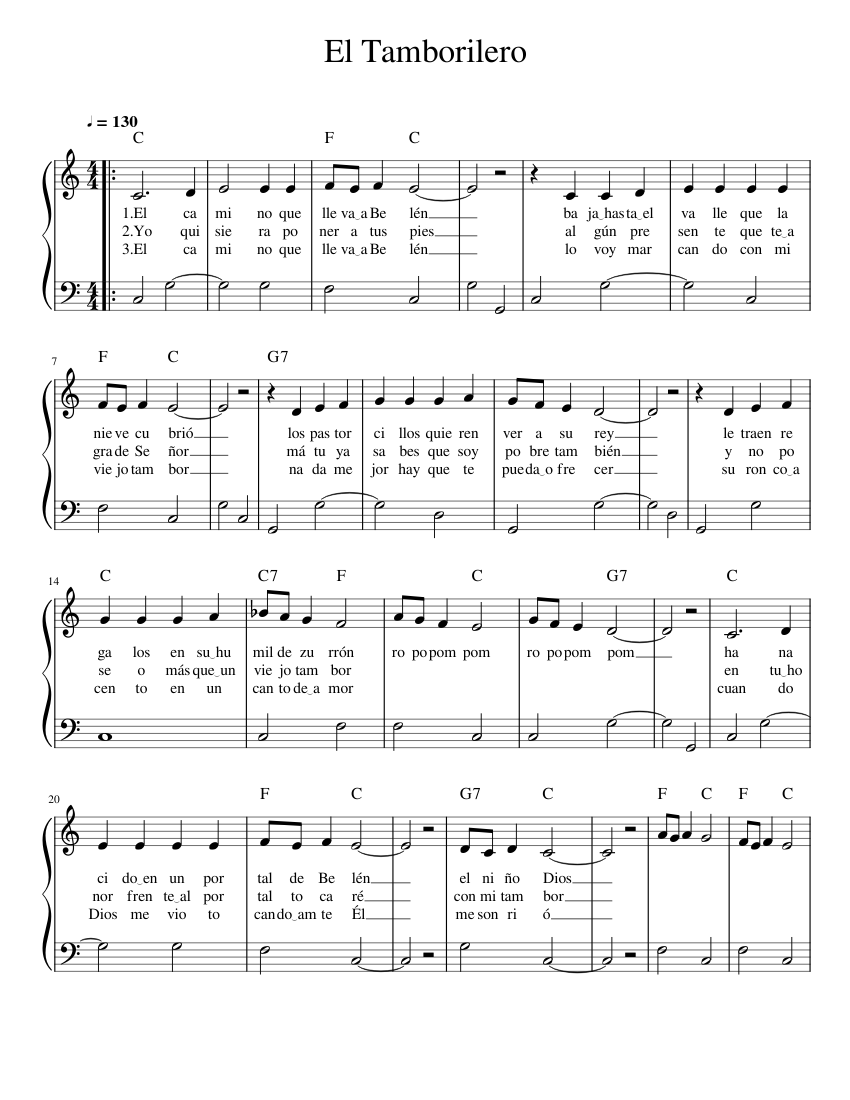 El Tamborilero Sheet Music with Chords for Piano (Piano Duo) Easy ...