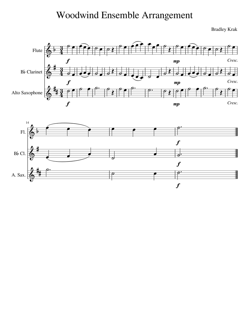 Woodwind Ensemble Arrangement Sheet Music for Flute, Clarinet in b-flat ...