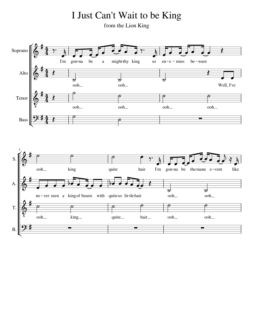 I Just Can't Wait to be King Sheet music for Soprano, Alto, Tenor, Bass ...