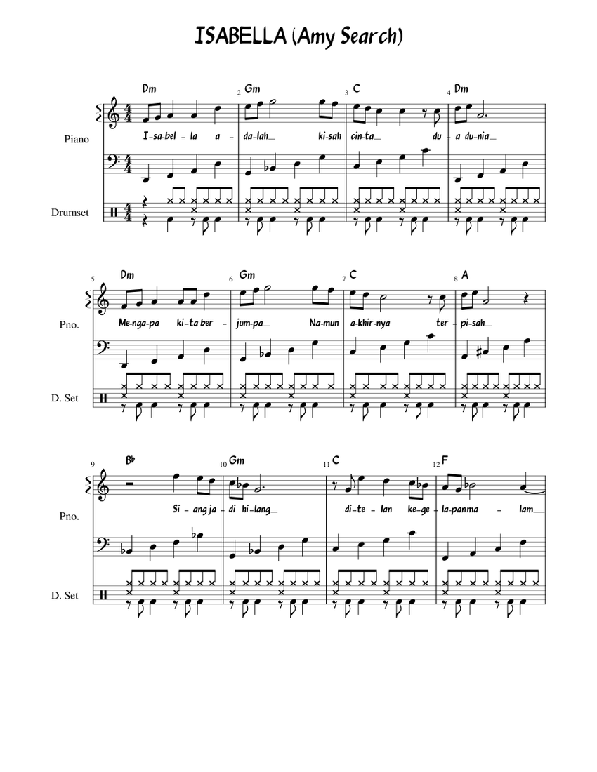 Isabella (Amy Search) Sheet Music with Chords for Piano, Drum group ...