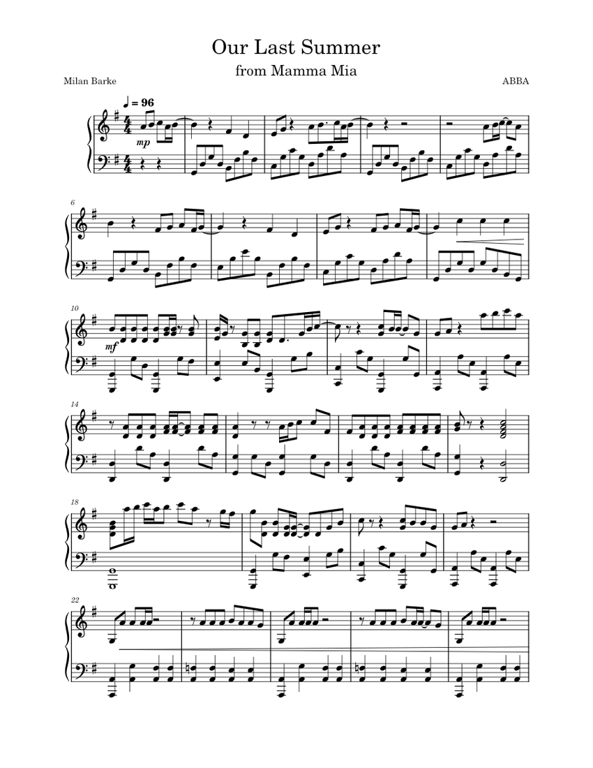 Our Last Summer – ABBA Sheet music for Piano (Solo) | Musescore.com