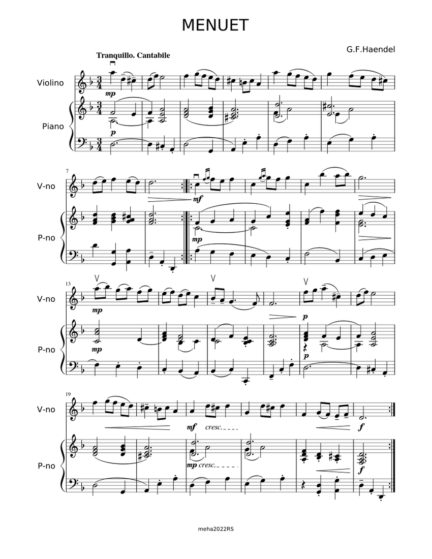 MENUET vn&pf Haendel G.F. Sheet music for Piano, Violin (Mixed Duet ...