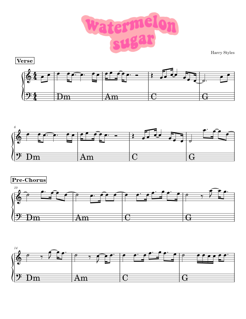 Watermelon Sugar - Harry Styles Sheet Music for Piano (Solo) Easy ...