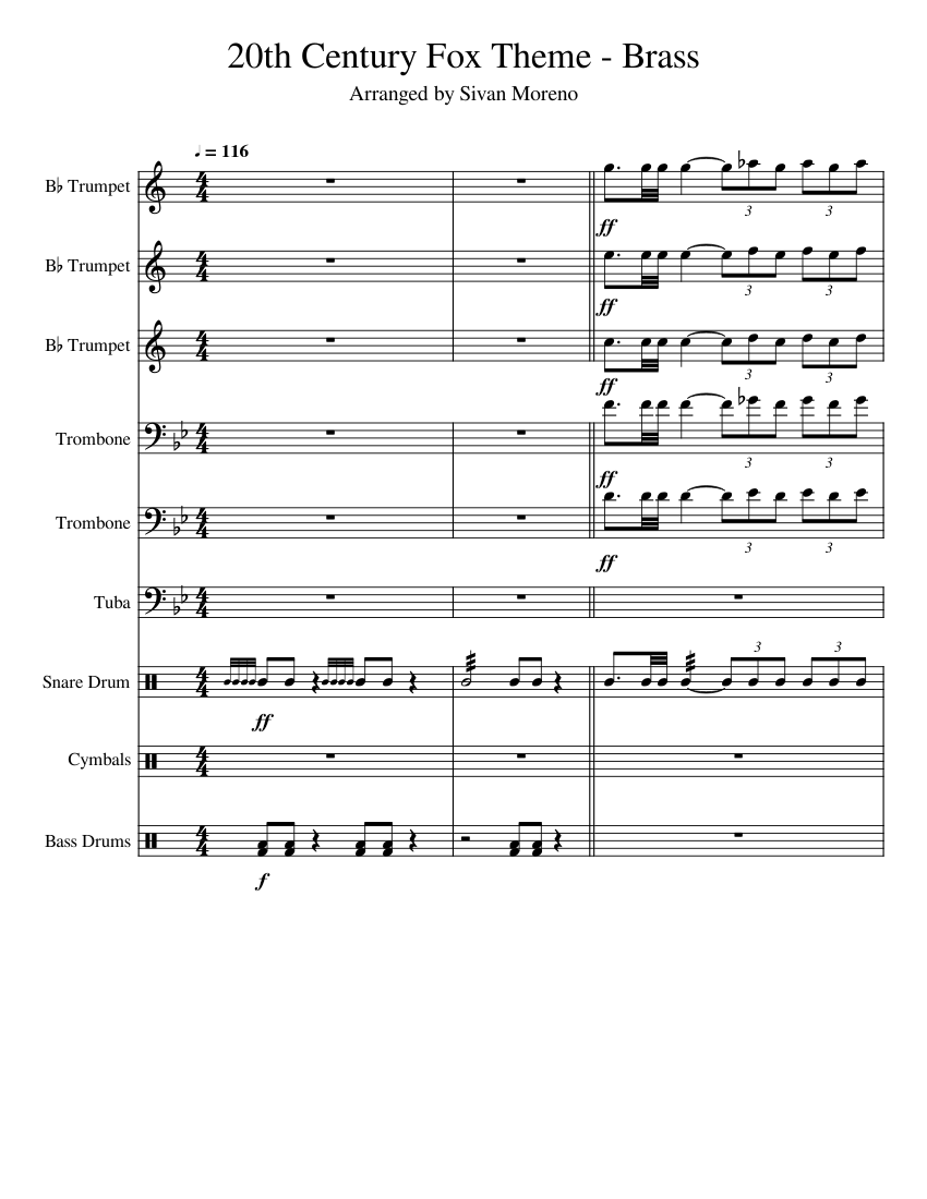 20th Century Fox Theme - Brass Sheet Music for Trombone, Tuba, Trumpet in b-flat, Snare drum ...
