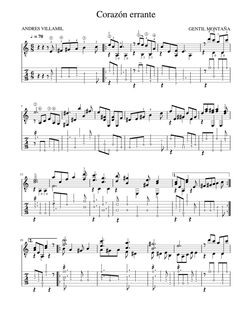 Corazon errante Gentil Montaña Sheet Music and Tab for Guitar (Solo ...