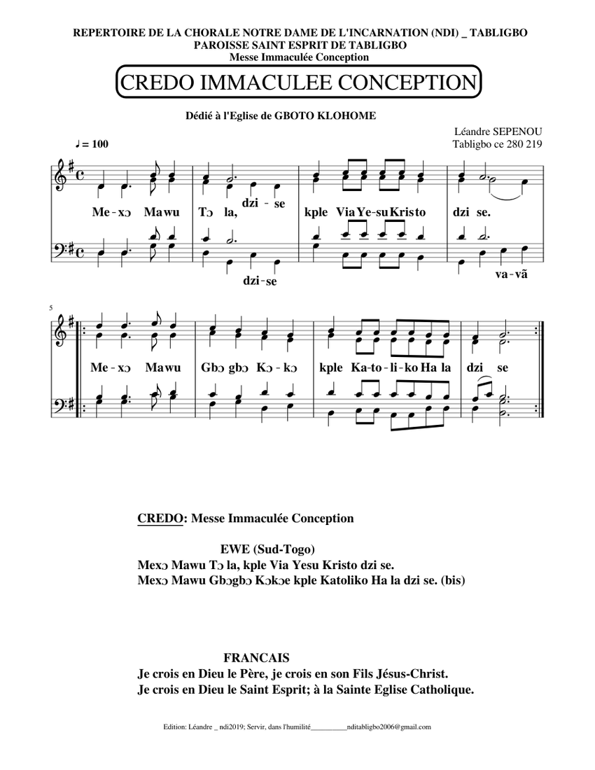 CREDO IMMACULEE CONCEPTION Sheet music for Female, Male (Choral ...