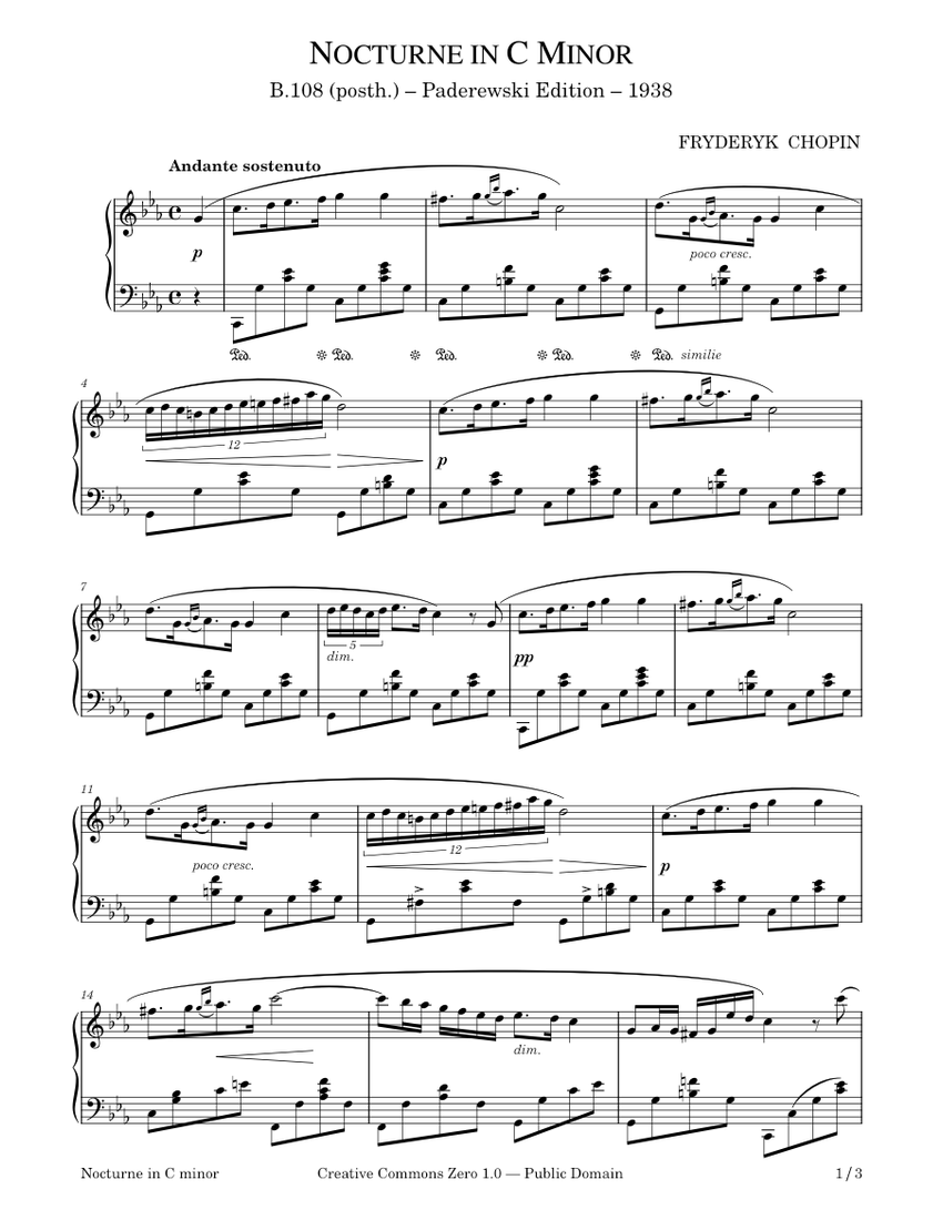 Nocturne in C Minor (posth.) - Paderewski Edition - Chopin - 1938 Sheet ...