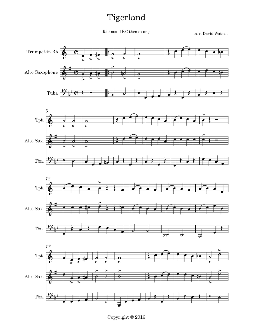 Tigerland- (Richmond theme song A.F.L) Sheet Music for Tuba, Saxophone ...