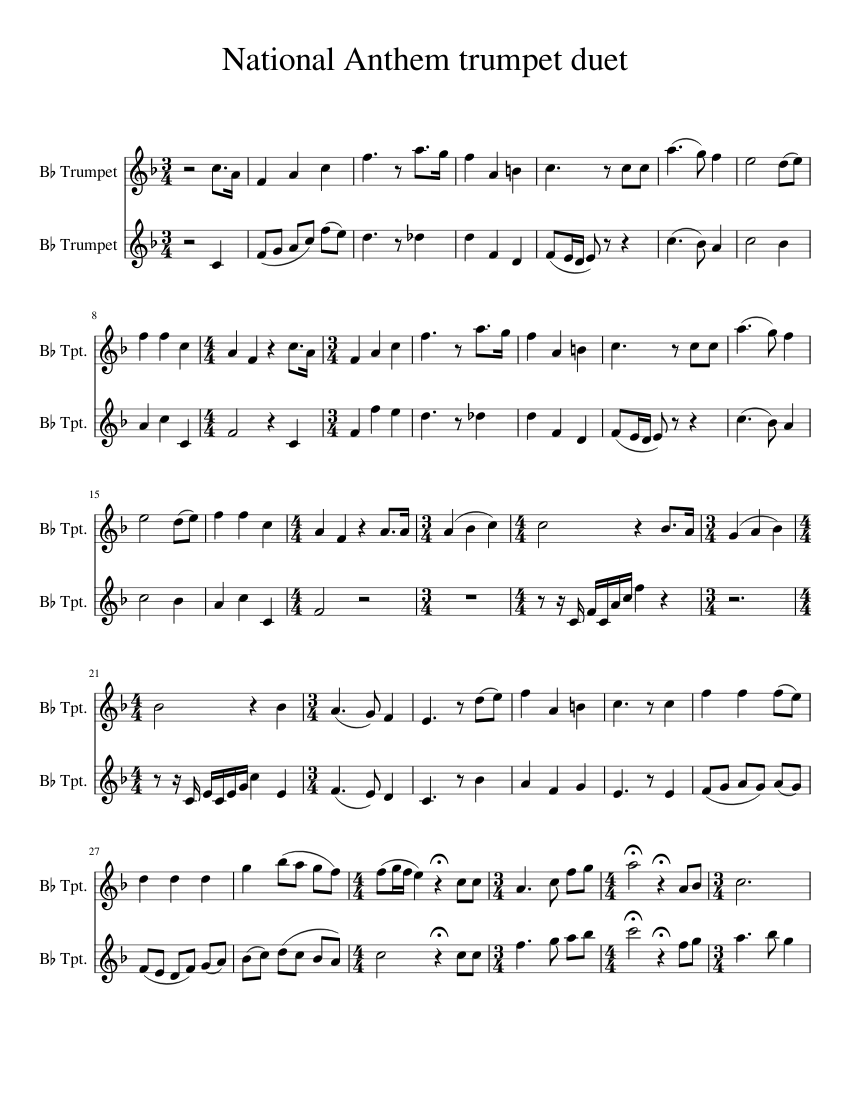 National Anthem trumpet duet Sheet Music for Trumpet in b-flat (Brass ...