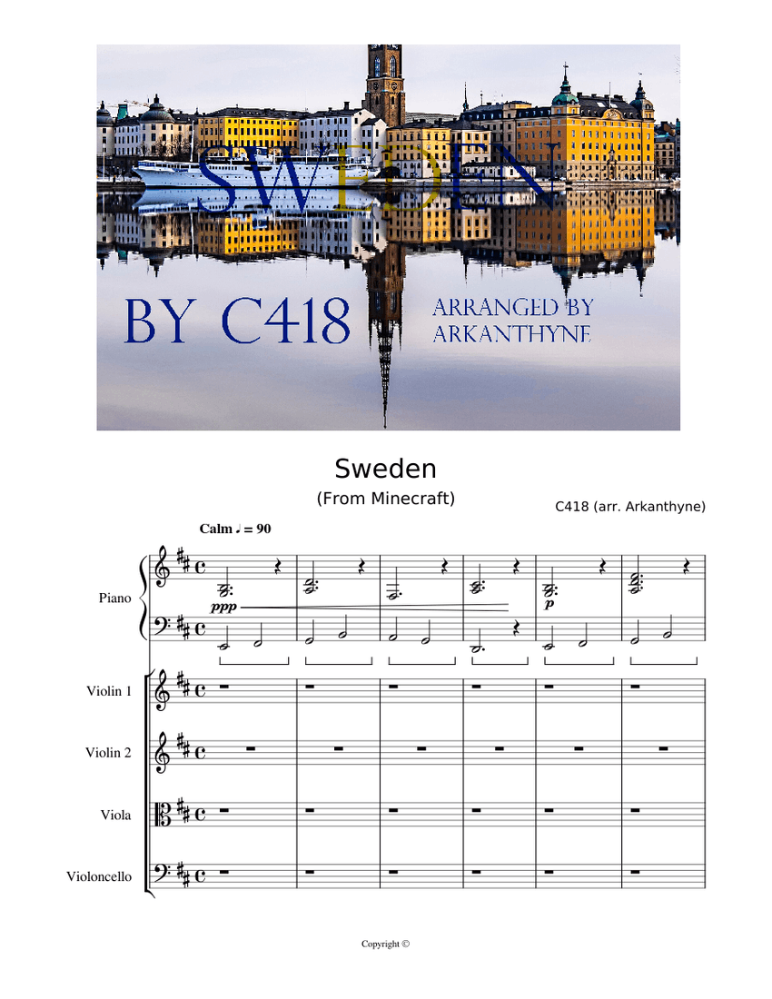 Sweden by C418 (from Minecraft) Sheet Music for Piano, Violin, Viola ...