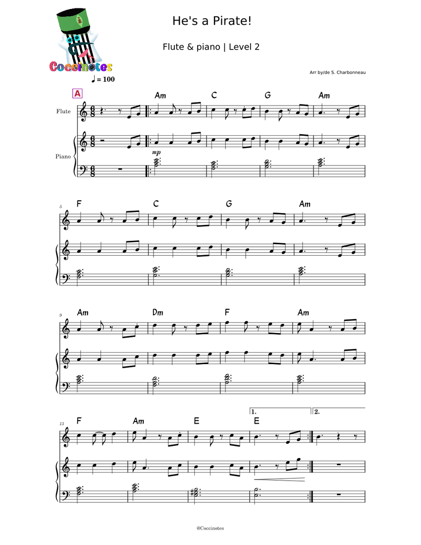 He's a Pirate - recorder & piano | Level 2 Sheet Music with Chords for ...