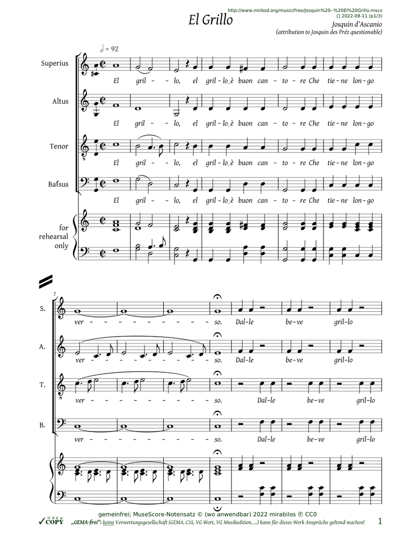 Josquin — El Grillo Sheet Music for Piano, Soprano, Alto, Tenor & more ...