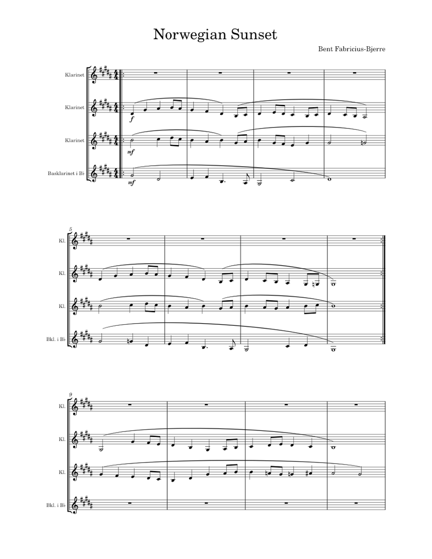 Norwegian sunset – Bent Fabricius-Bjerre Sheet Music for Clarinet bass, Clarinet other (Woodwind ...