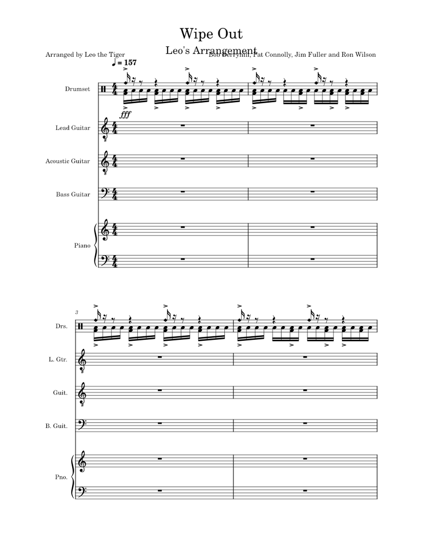 Wipe Out – The Surfaris Sheet Music for Piano, Guitar, Bass guitar ...