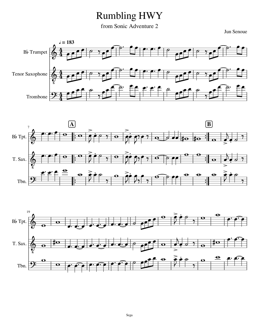 Rumbling HWY Sheet music for Trombone, Saxophone tenor, Trumpet in b ...