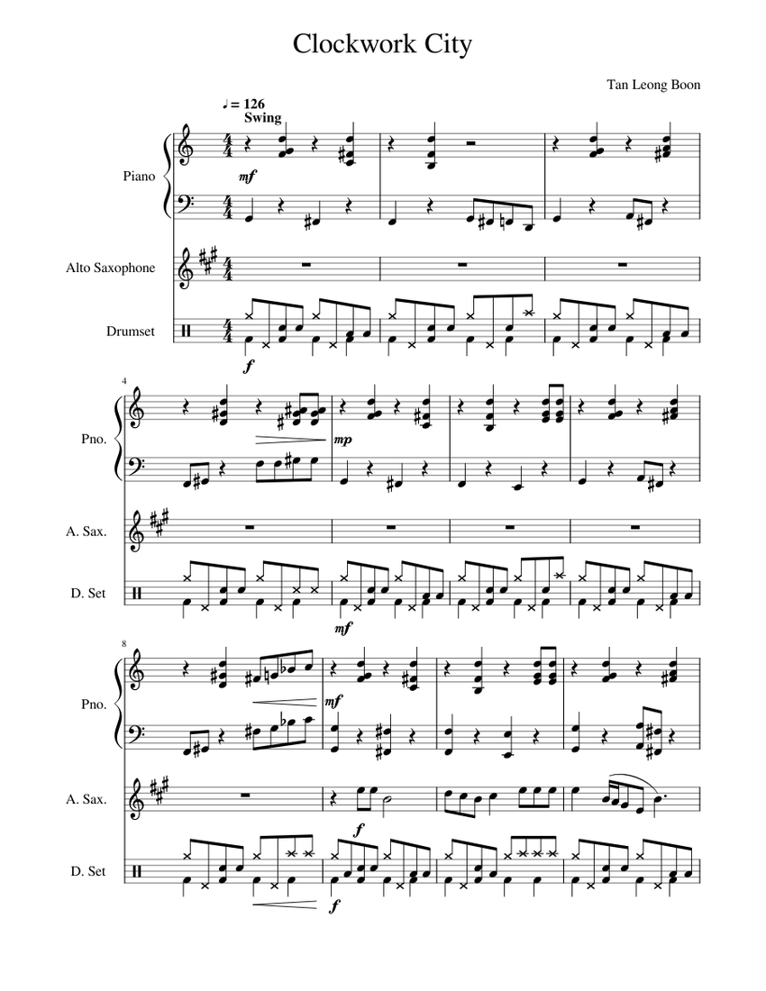 Clockwork City Sheet music for Piano, Saxophone alto, Drum group (Mixed ...