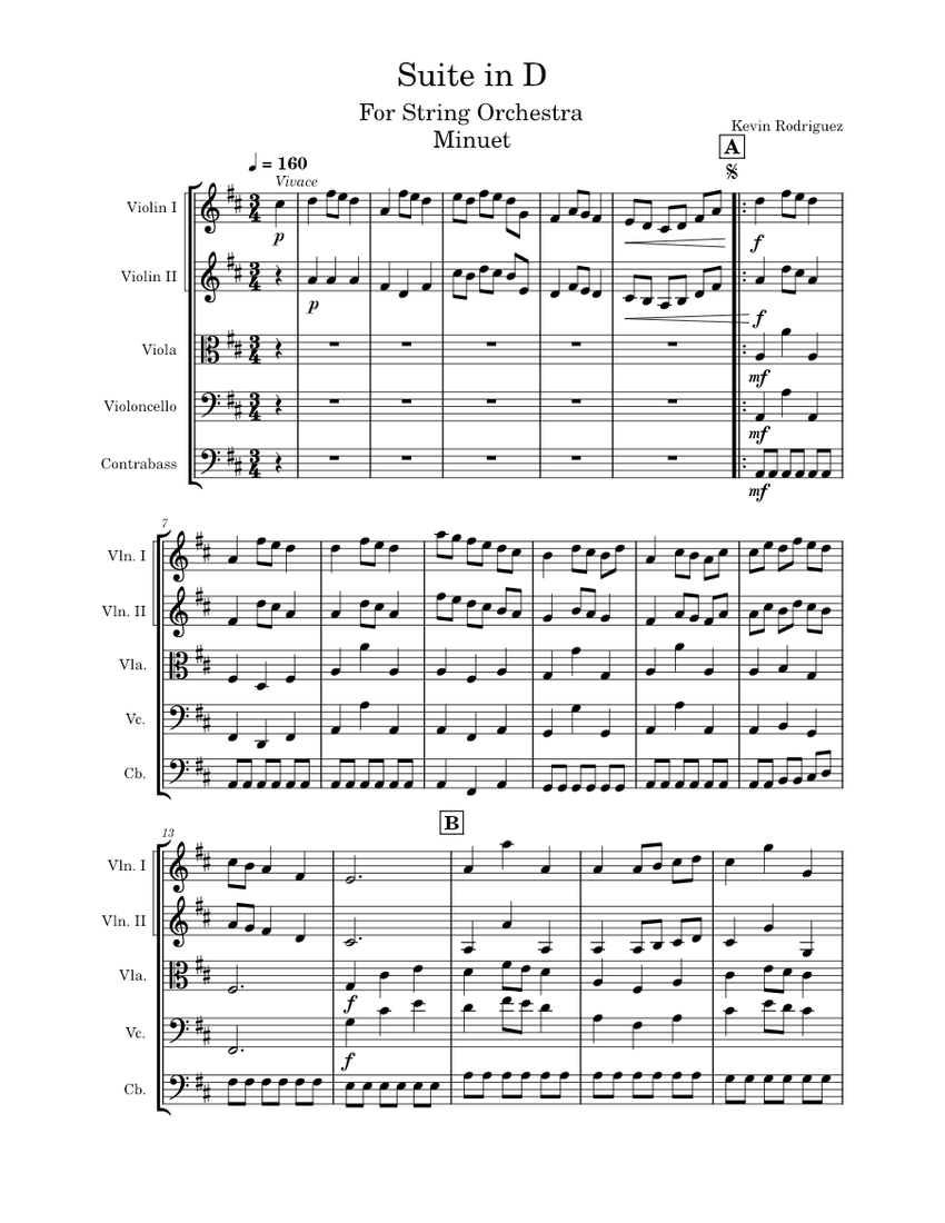Suite in D - Minuet Sheet music for Contrabass, Violin, Viola, Cello ...