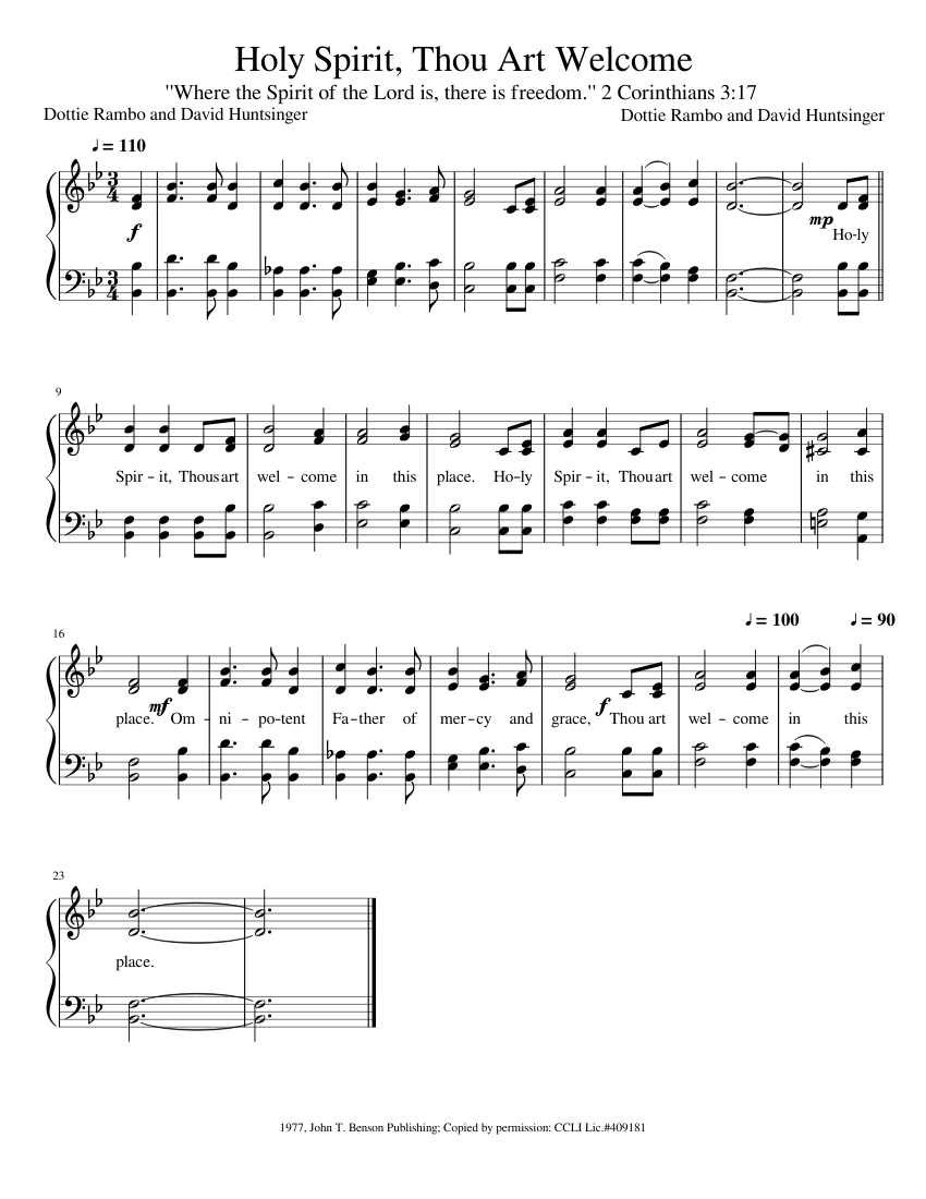 Holy Spirit Thou Art Welcome Sheet Music for Piano (SATB) easy ...