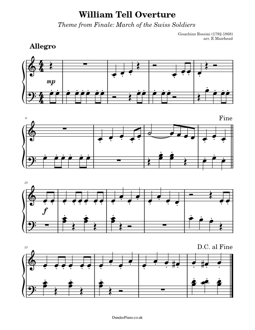 William Tell Theme - beginner piano Sheet Music for Piano (Solo) easy ...