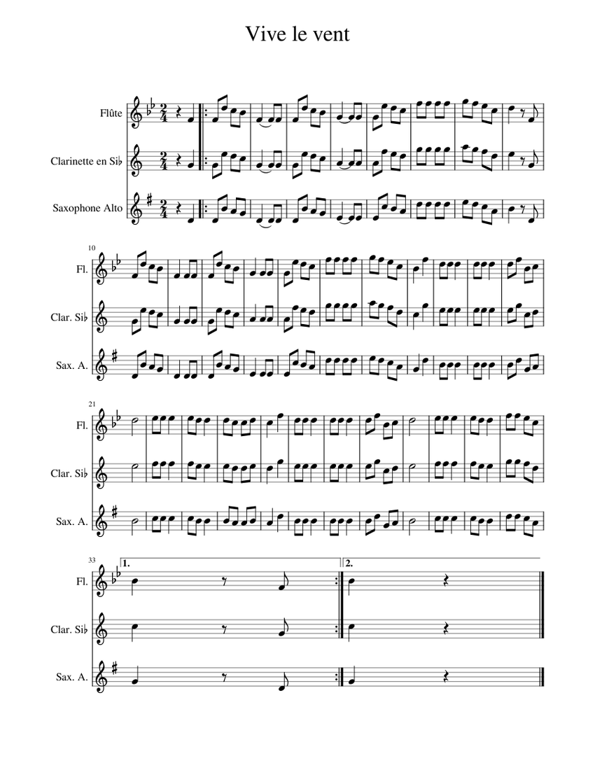 Vive_le_vent Sheet music for Flute, Clarinet in b-flat, Saxophone alto (Mixed Trio) | Musescore.com