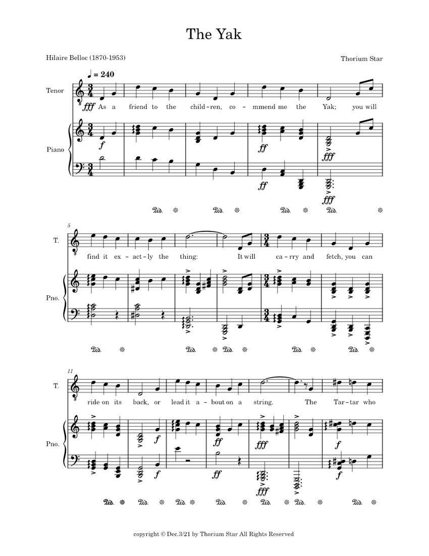 The Yak Sheet music for Piano, Tenor (Piano-Voice) | Musescore.com