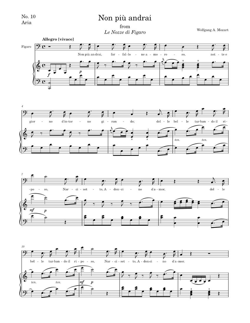 Non più andrai, from "Le Nozze di Figaro" Sheet Music for Piano, Cello ...