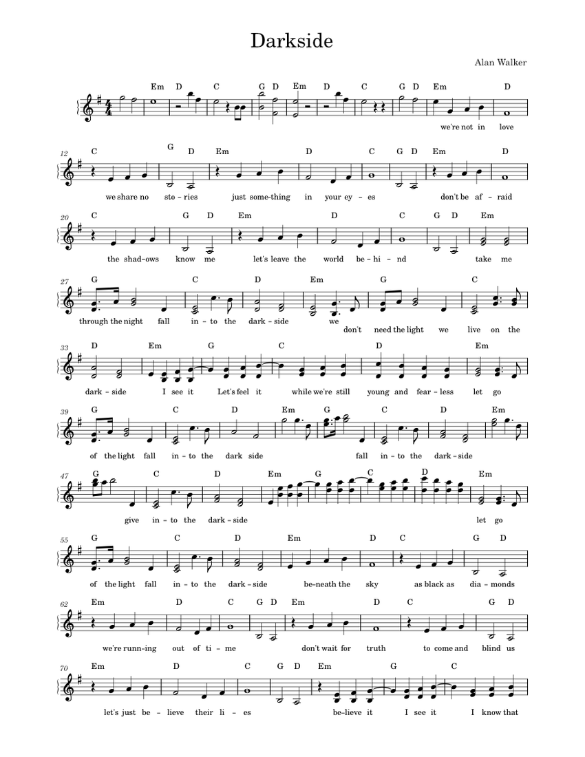 Dark side - Alan Walker Sheet Music with Chords for Piano (Solo) Easy ...