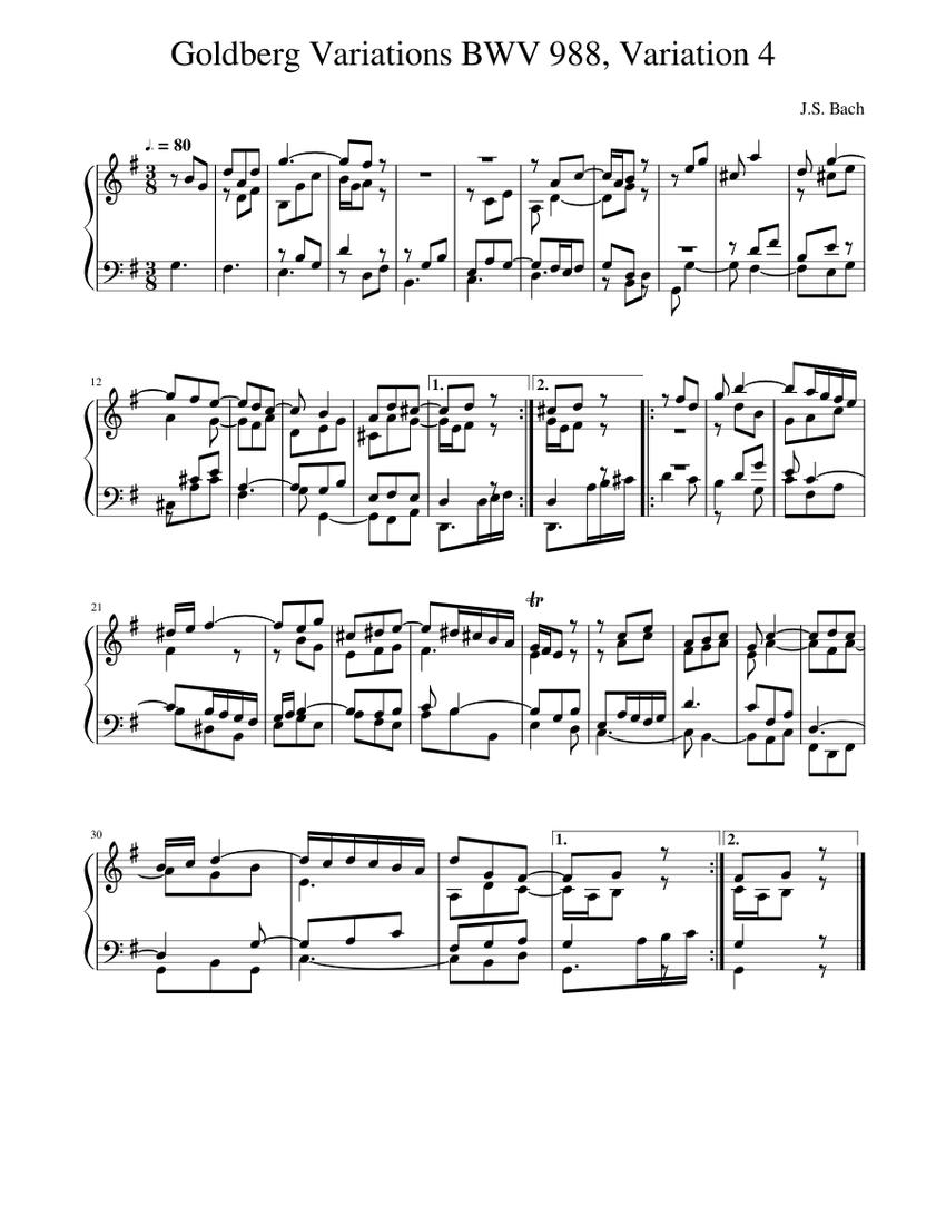 Goldberg Variations BWV 988, Variation 4 Sheet Music for Piano (Solo ...