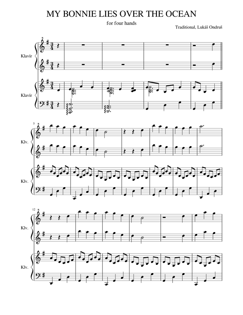 MY BONNIE LIES OVER THE OCEAN - for four hands Sheet music for Piano ...