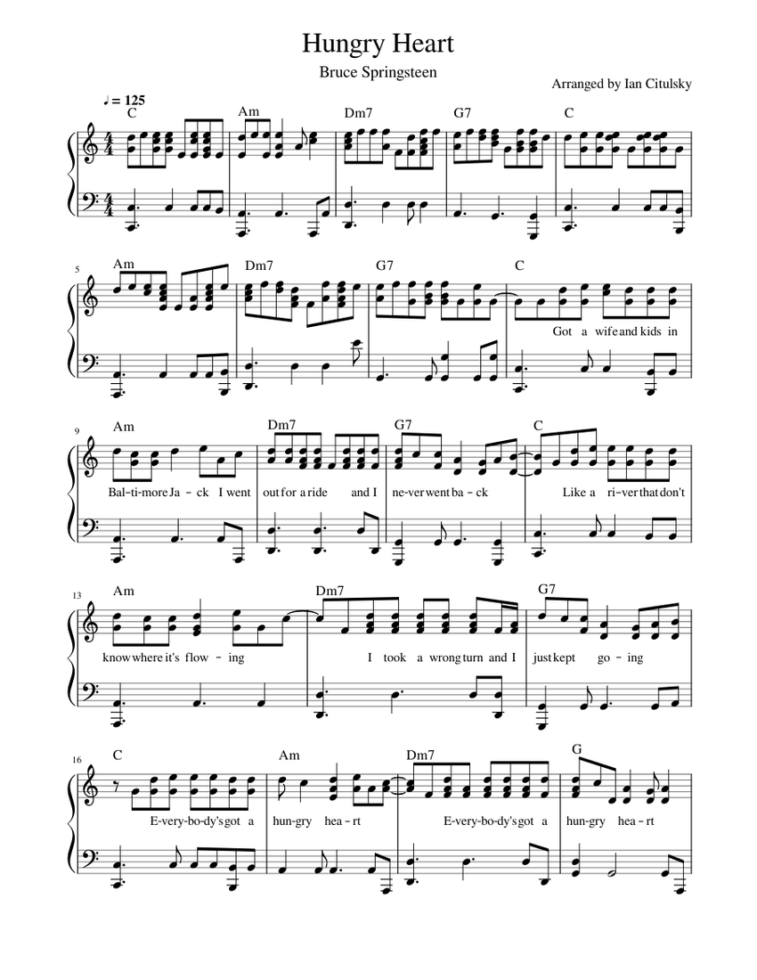 Hungry Heart by Bruce Springsteen Sheet Music with Chords for Piano ...