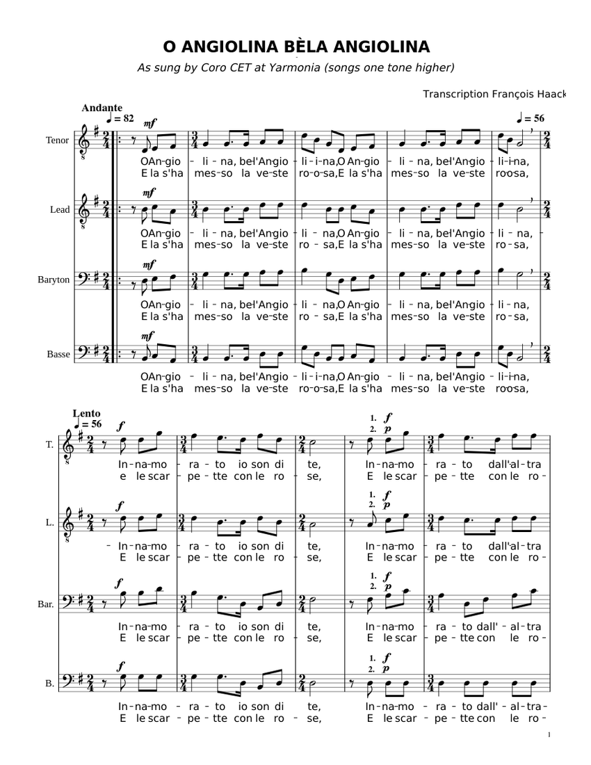O Angiolina Bèla Angiolina (4 voices) Sheet music for Bass voice ...