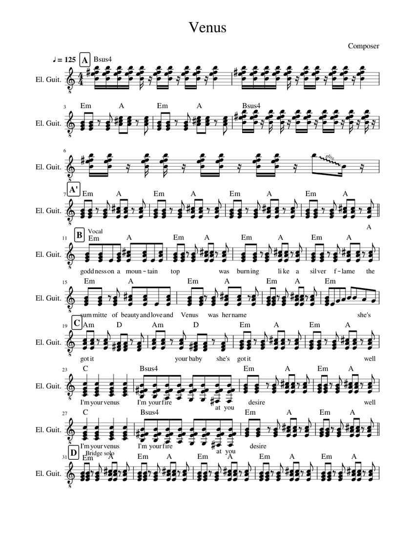 Venus Sheet Music with Chords for Vocals, Guitar (Mixed Duet ...