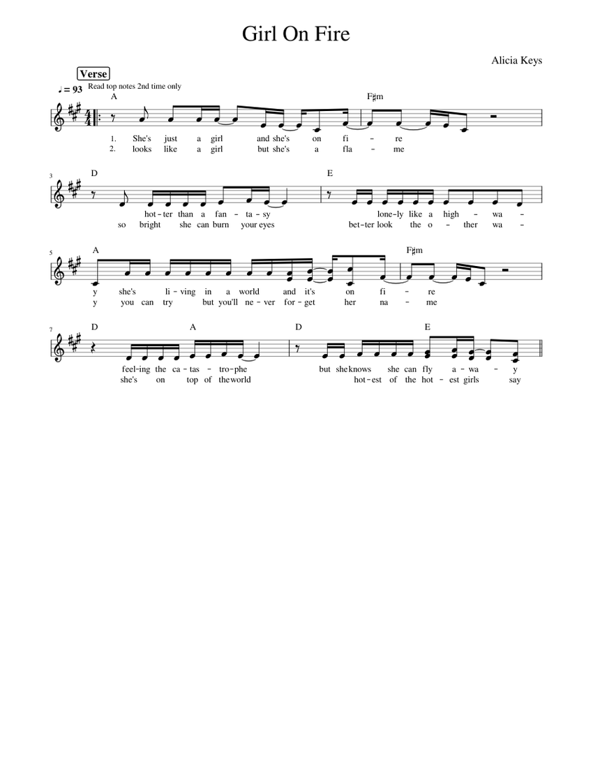 Girl On Fire - Alicia Keys Sheet Music and Tab with Chords for Vocals ...
