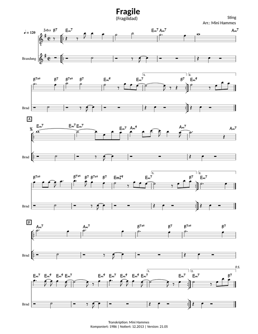 Sting - Fragile (Fragilidad) Sheet Music for Vocals, Flute piccolo ...